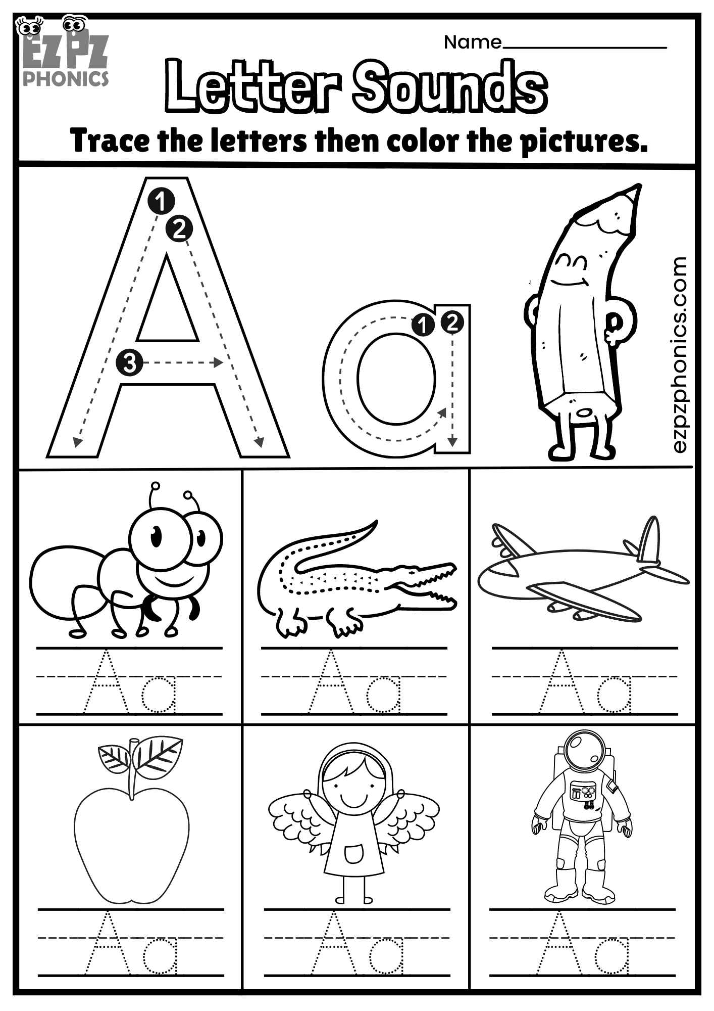 Letter Aa Trace and Color the Pictures Free PDF Download - ezpzphonics.com